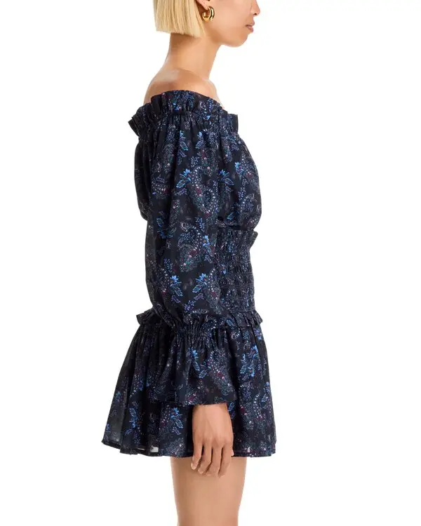 Aqua Off-the-shoulder Smocked Mini Dress