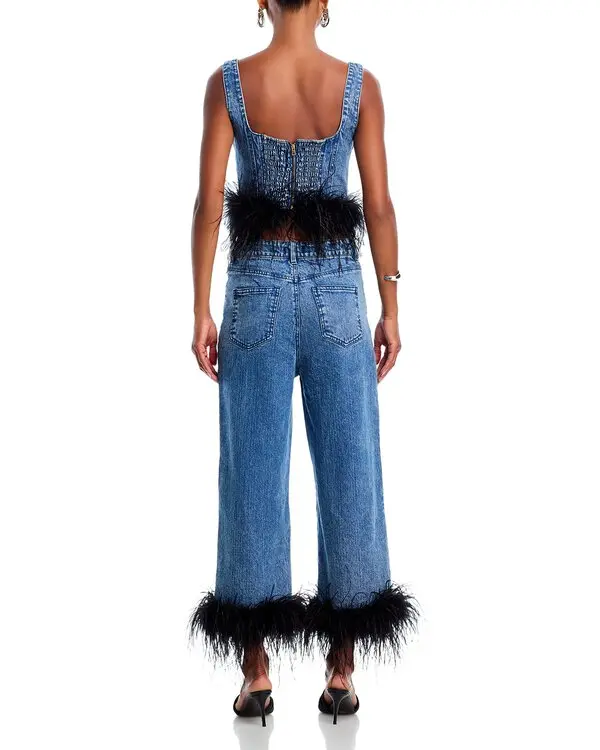 Aqua Feather Trimmed Denim Crop Top