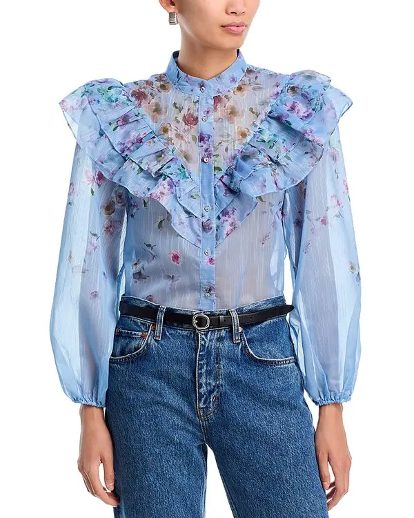 Aqua Placed Floral Ruffled Long Sleeve Blouse
