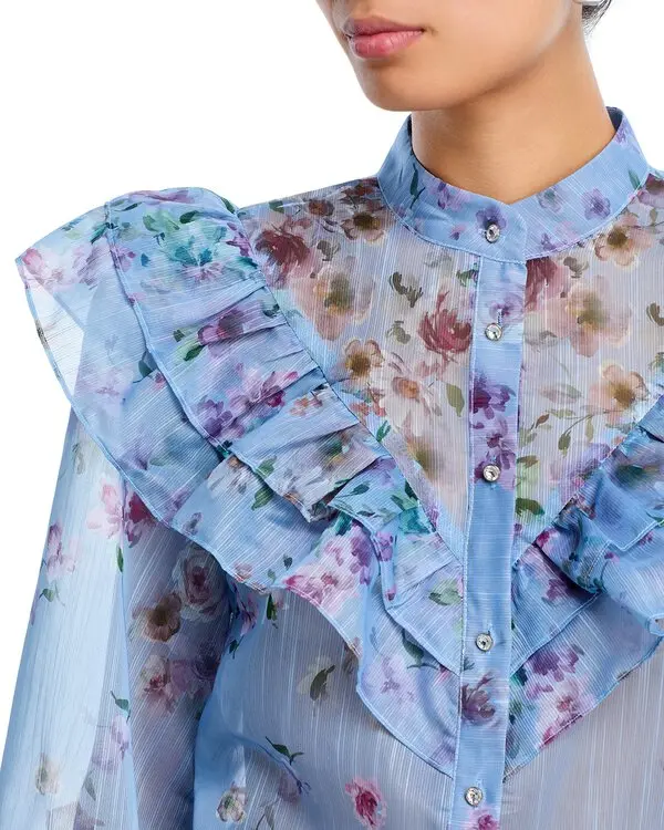 Aqua Placed Floral Ruffled Long Sleeve Blouse