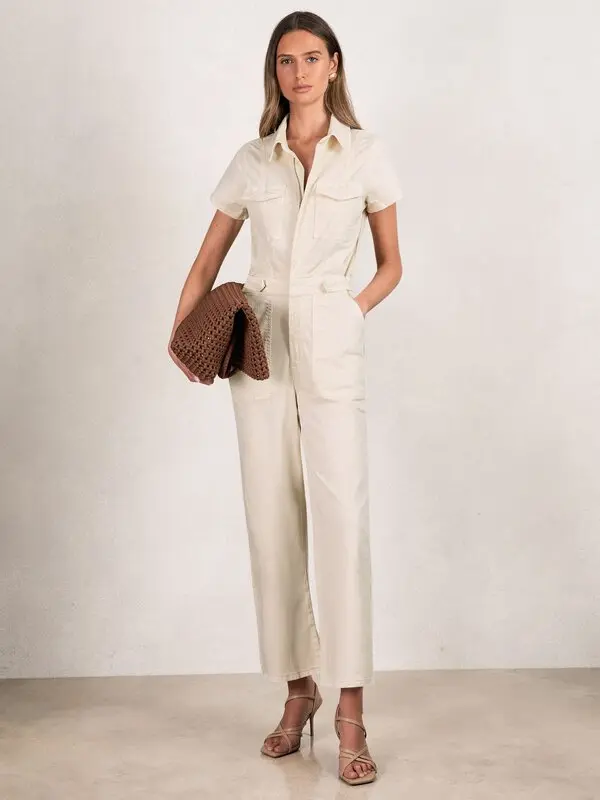 Good American Cotton Twill Palazzo Jumpsuit - Ecru