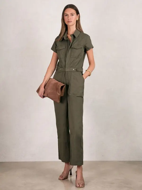 Good American Cotton Twill Palazzo Jumpsuit - Khaki