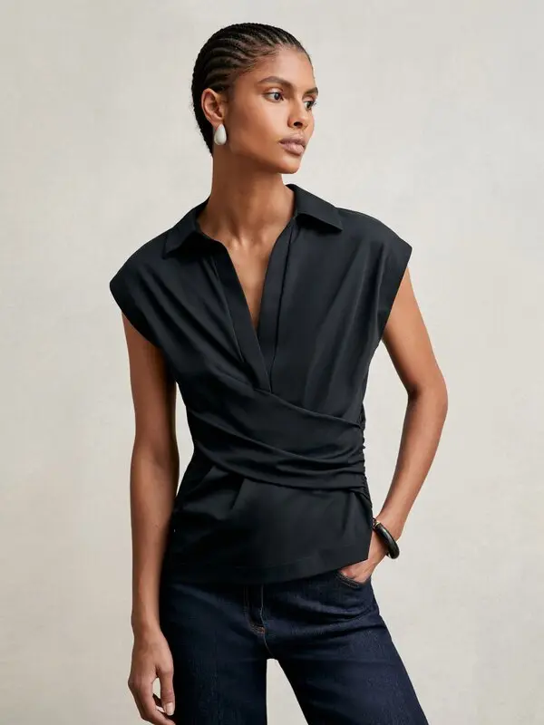 REISS Stretch-cotton Jersey Wrap-front Top