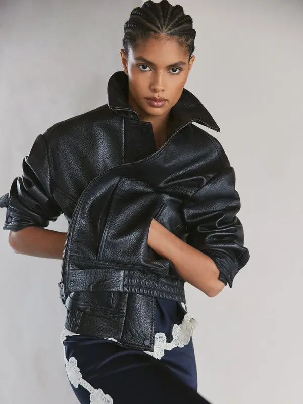 REISS Kiara Petite Oversize Grained-leather Bomber Jacket - Black