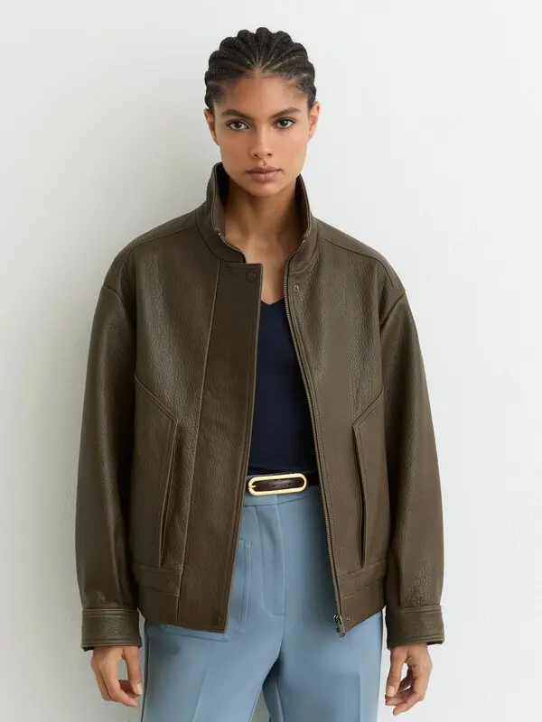 REISS Kiara Oversize Grained-leather Bomber Jacket - Khaki Green