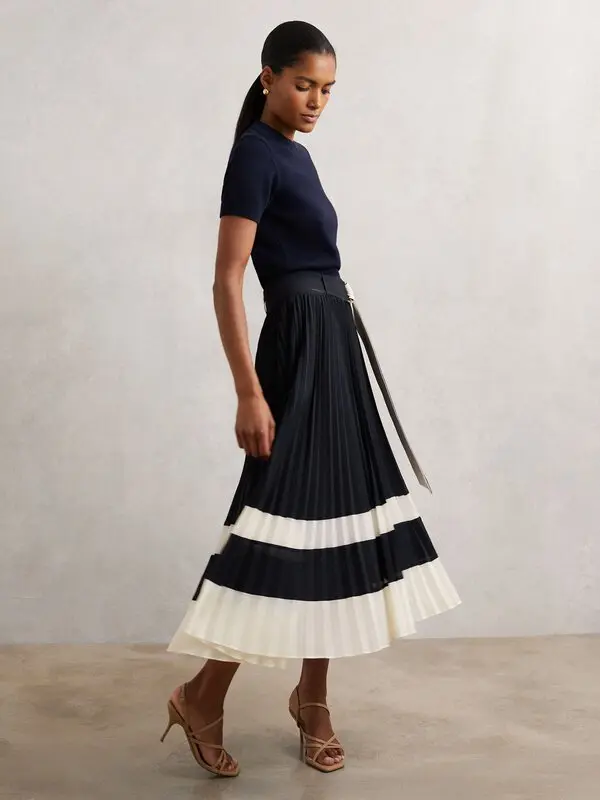 REISS Belted Pleated Midi Skirt - Navy/ivory