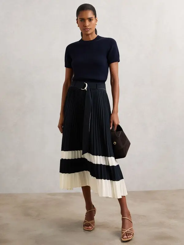REISS Belted Pleated Midi Skirt - Navy/ivory