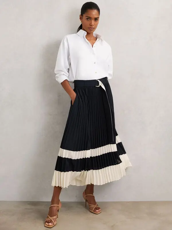REISS Belted Pleated Midi Skirt - Navy/ivory