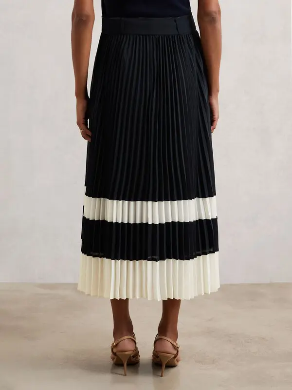 REISS Belted Pleated Midi Skirt - Navy/ivory