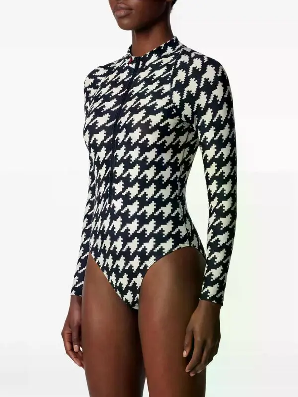 Perfect Moment Houndstooth Long-sleeve Half-zip Swimsuit - Black