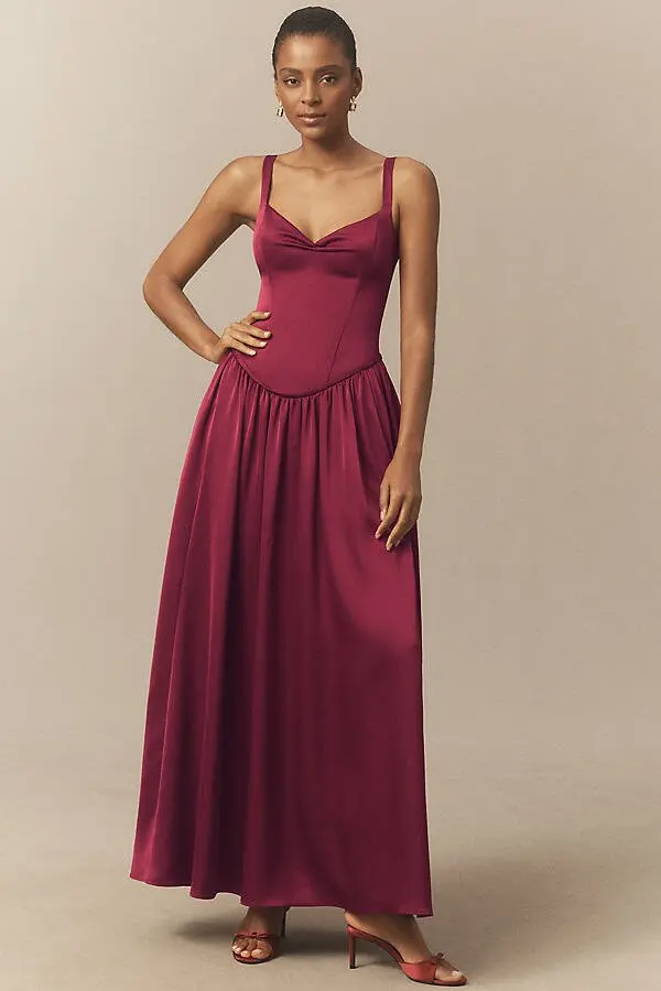 Bhldn Seraphina Corset Stretch Satin Maxi Dress - Dark Burgundy
