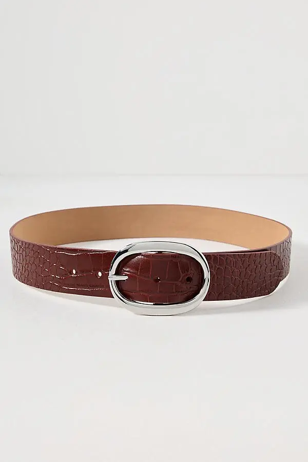 Anthropologie Oval Buckle Leather Belt - Brown Croc / Silver