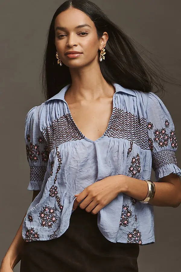 Anthropologie Short-sleeve Embroidered Top - Blue