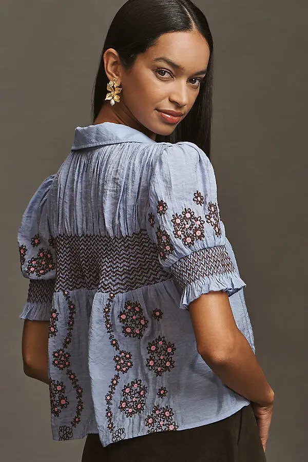 Anthropologie Short-sleeve Embroidered Top