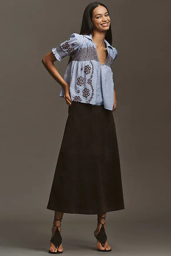 Anthropologie Short-sleeve Embroidered Top