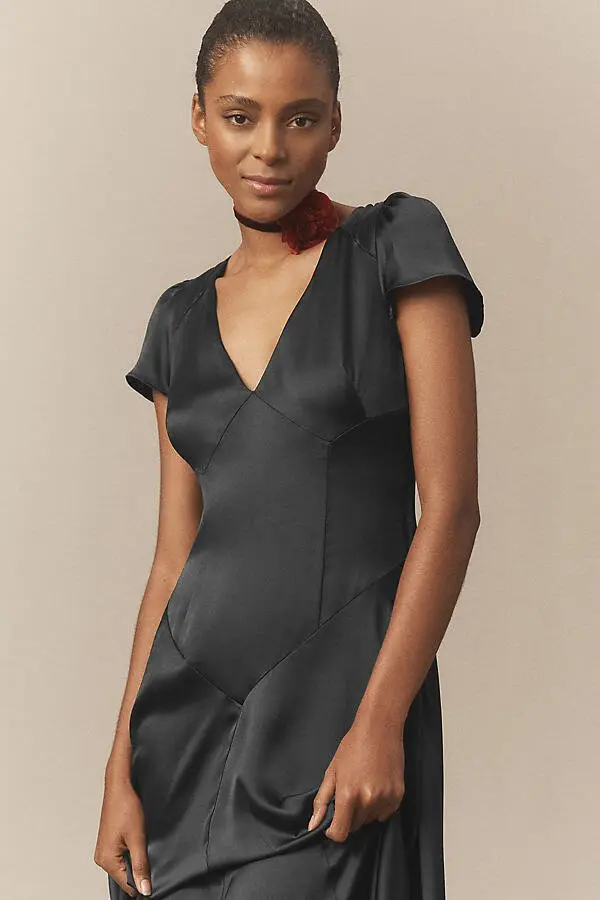 Bhldn Sammie Short-sleeve Bow-back Satin Maxi Dress - Black