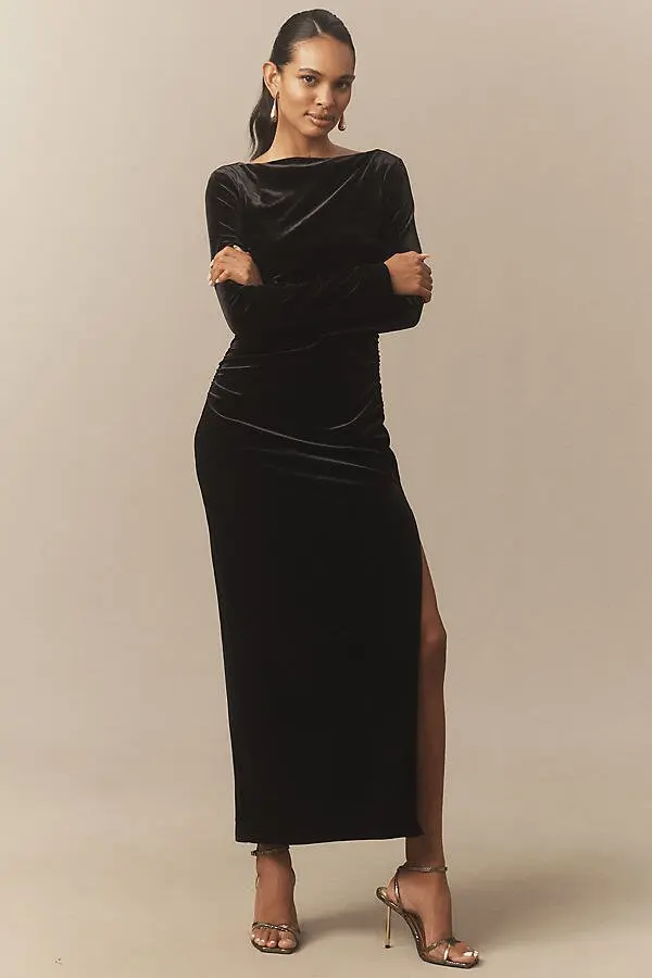 Bhldn Eloise Boat Neck Stretch Velvet Maxi Dress - Black