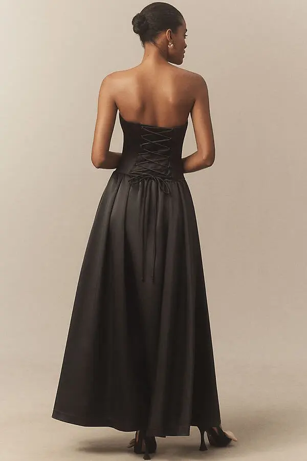 Bhldn Miley Strapless Drop-waist High-shine Satin Maxi Dress
