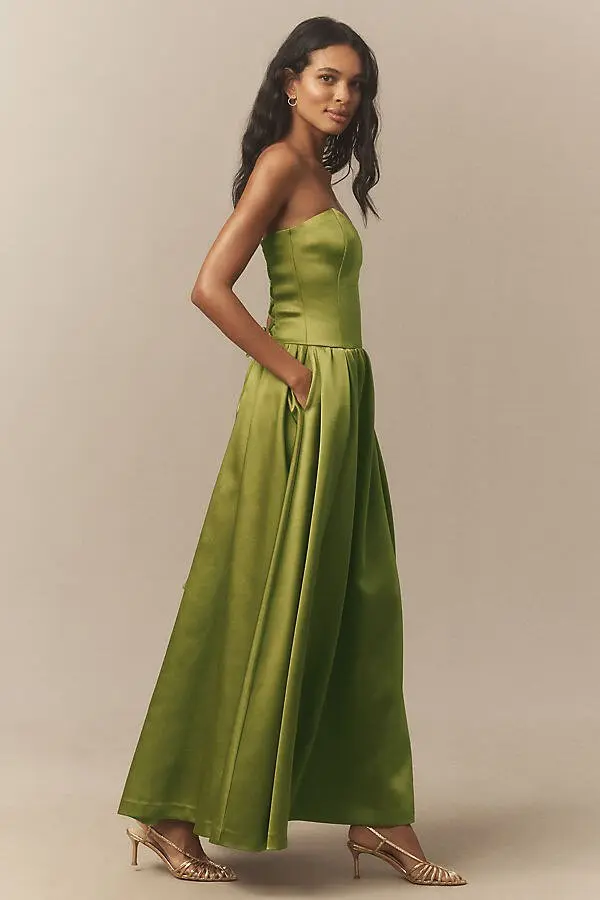 Bhldn Miley Strapless Drop-waist High-shine Satin Maxi Dress - Olive Green