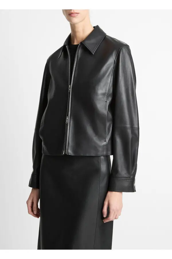 Vince Leather Cropped Zip-front Jacket - Black