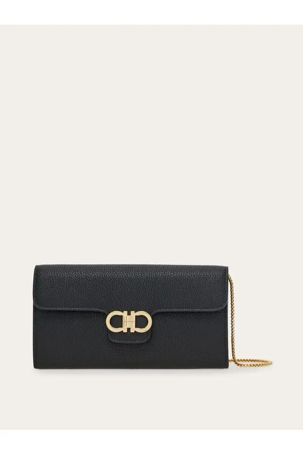 FERRAGAMO Gancini Wallet With Shoulder Strap - Black