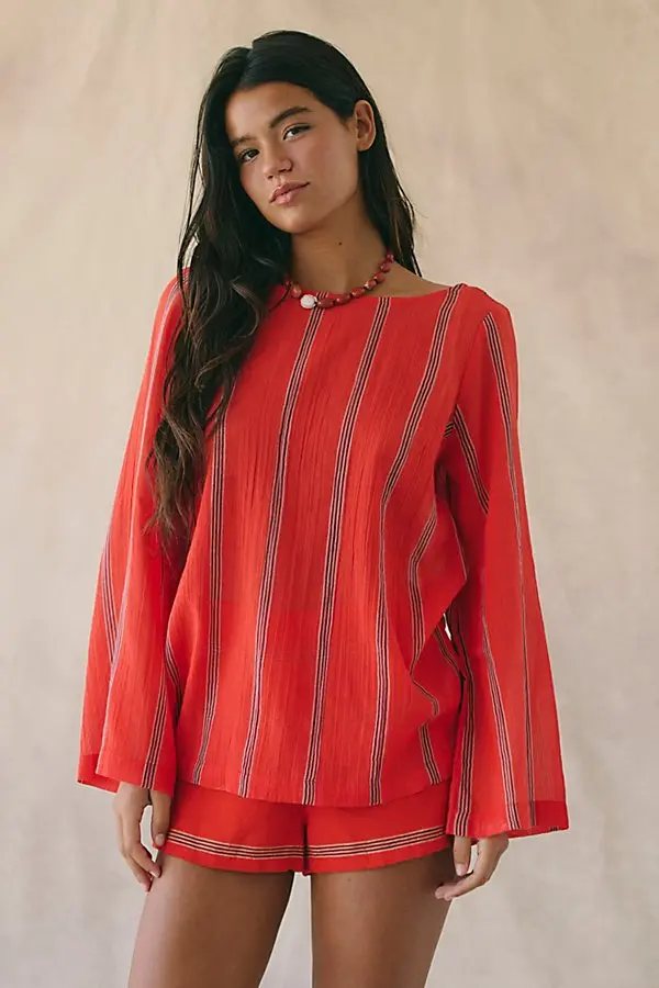 Free People Salt And Stripes Short Set - Rust