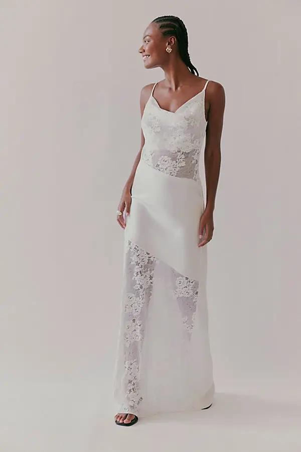 chinese dress ladies White Lace Satin Maxi Corset Dress Small / As Shown