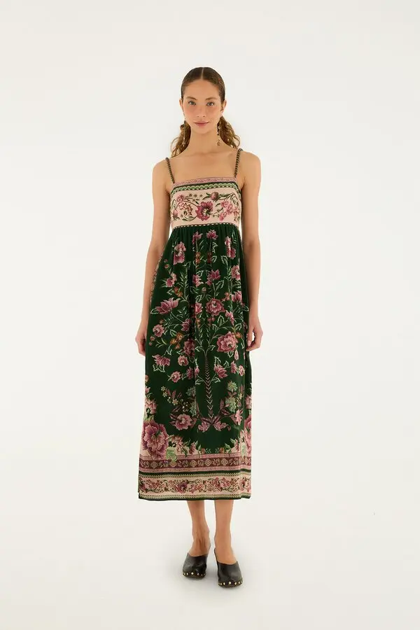 Farm Rio Floral Sleeveless Midi Dress - Flowering Garden Tree Green