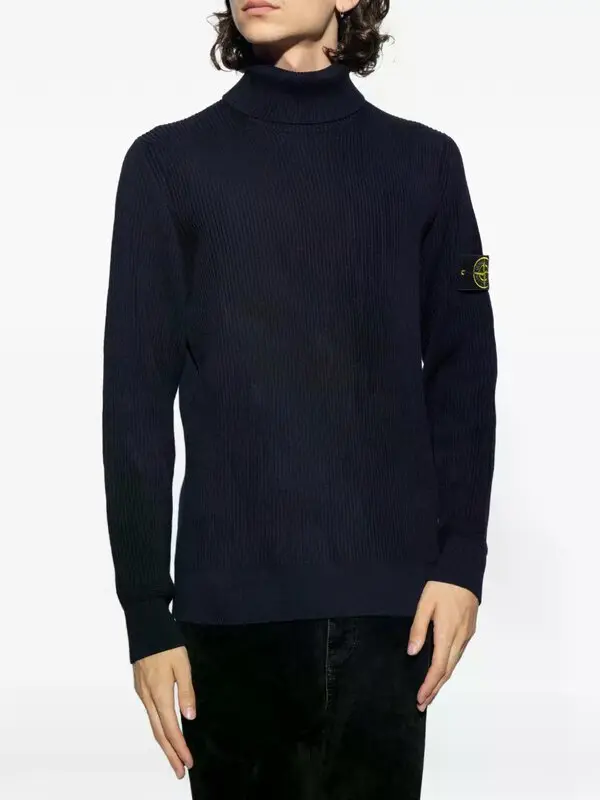 Stone Island Ribbed Knit Turtleneck Sweater With Patch Logo - Blue