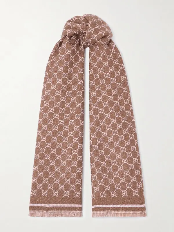 Gucci Fringed Metallic Wool-jacquard Scarf - Brown
