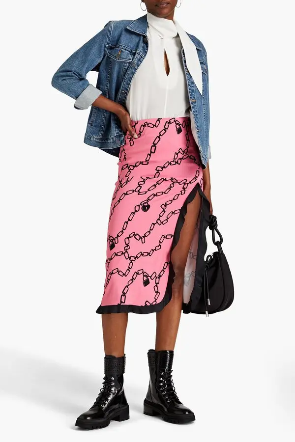 Red Valentino Printed Crepe Midi Skirt With Ruffled Trims