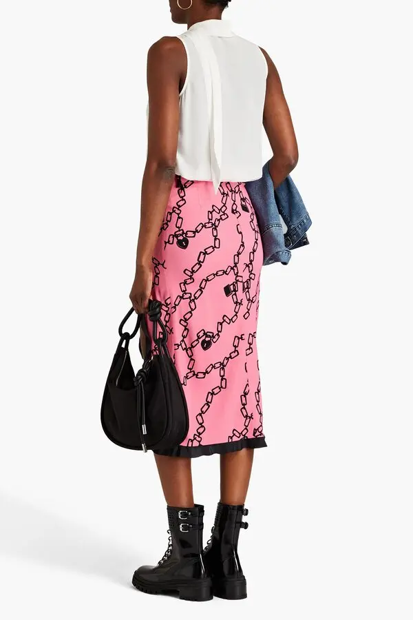 Red Valentino Printed Crepe Midi Skirt With Ruffled Trims
