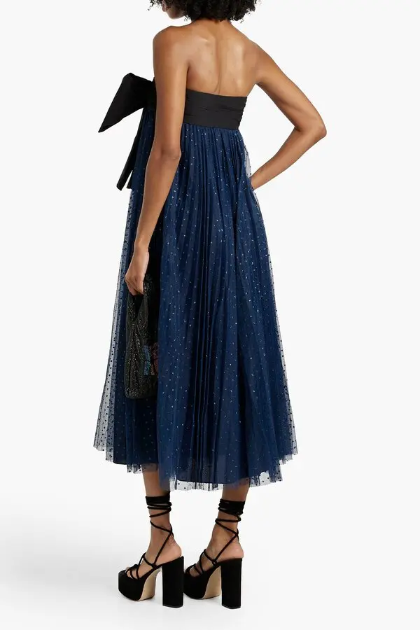 Strapless Glittered Tulle Midi Dress With Bow