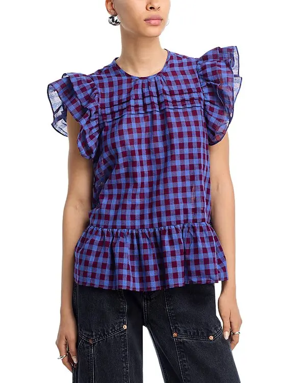 Aqua Flutter Sleeve Plaid Top