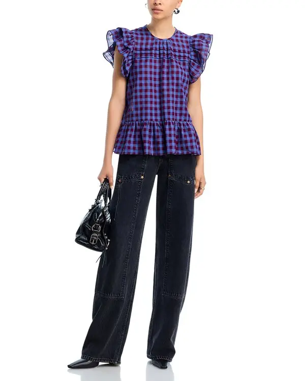 Aqua Flutter Sleeve Plaid Top