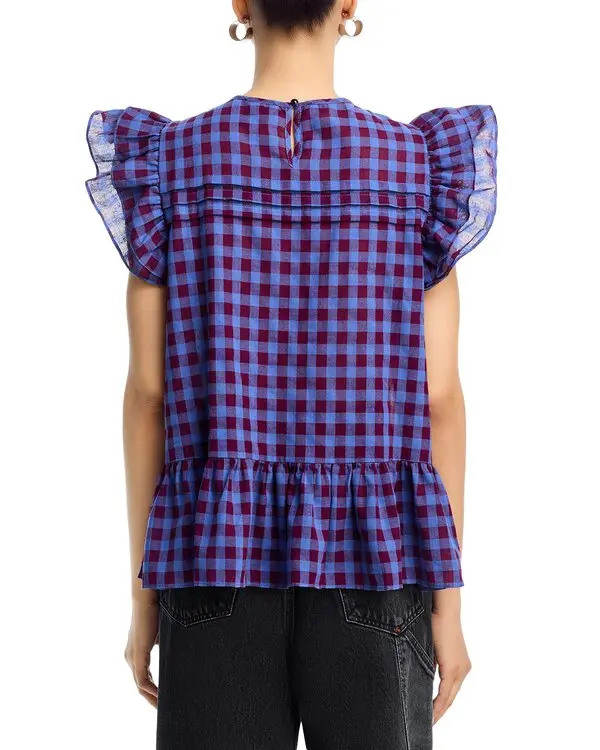 Aqua Flutter Sleeve Plaid Top