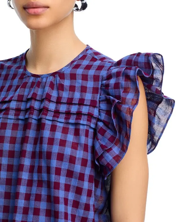 Aqua Flutter Sleeve Plaid Top