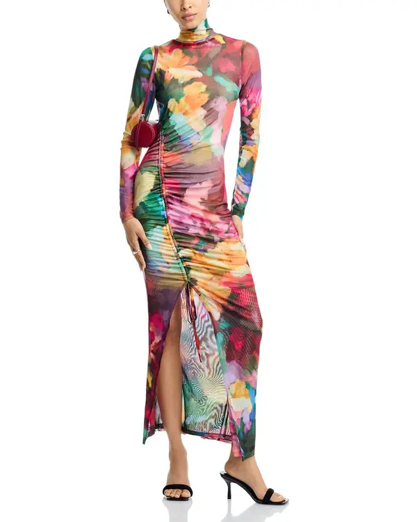 Aqua Floral Print Mesh Maxi Dress