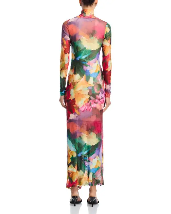 Aqua Floral Print Mesh Maxi Dress