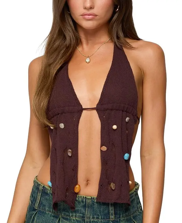 EDIKTED Beaded Distressed Knit Split Front Top - Brown