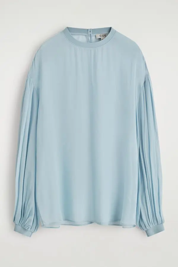 Cos Sheer Balloon-sleeve Blouse With Keyhole Back - Blue