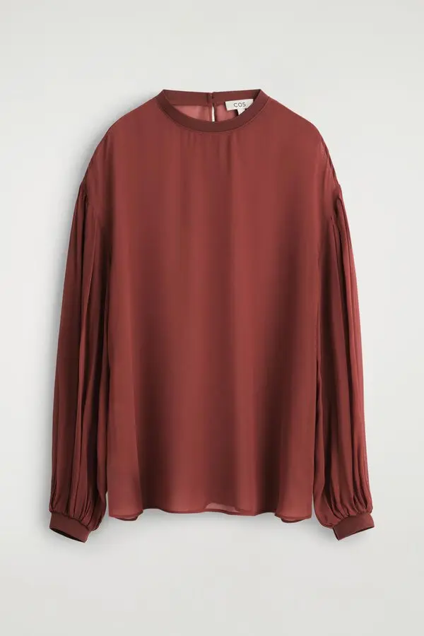 Cos Sheer Balloon-sleeve Blouse With Keyhole Back - Red