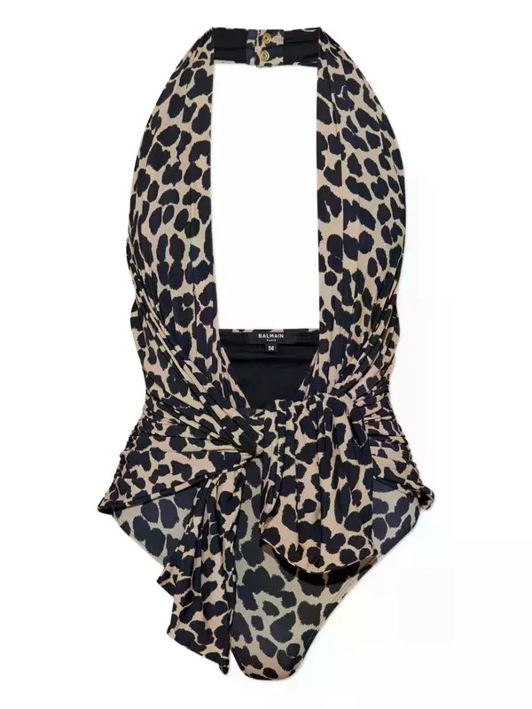 Balmain Leopard-print Halterneck One-piece Swimsuit - Black