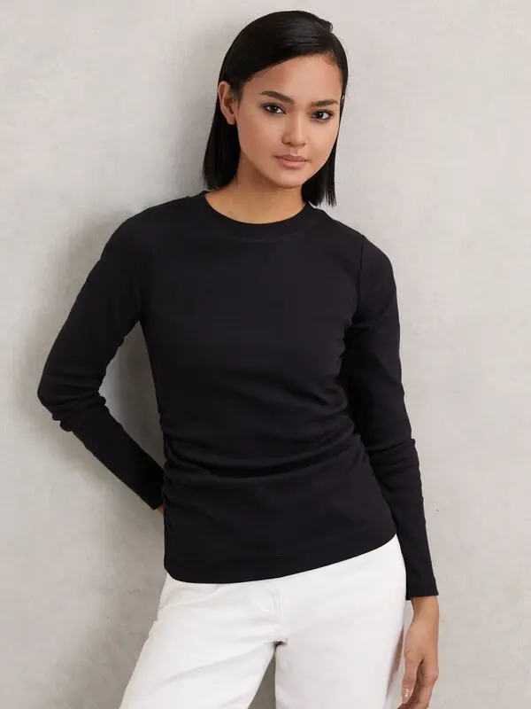 REISS Cotton Ruched Long-sleeve T-shirt - Black
