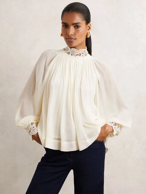 REISS Czara Lace-trimmed Draped Top