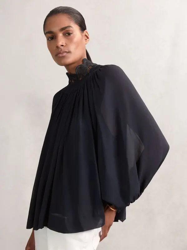 REISS Czara Lace-trimmed Draped Top