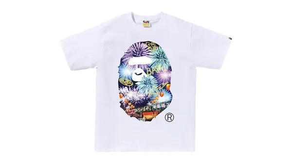 A BATHING APE Firework Ape Head Photo Tee Shirt - White