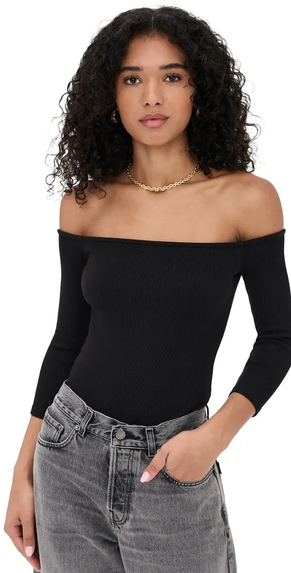 L'Agence Evelyn Off-shoulder Ribbed Thong Bodysuit