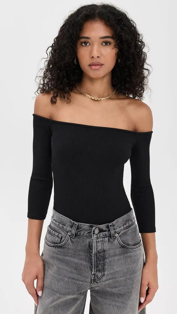 L'Agence Evelyn Off-shoulder Ribbed Thong Bodysuit