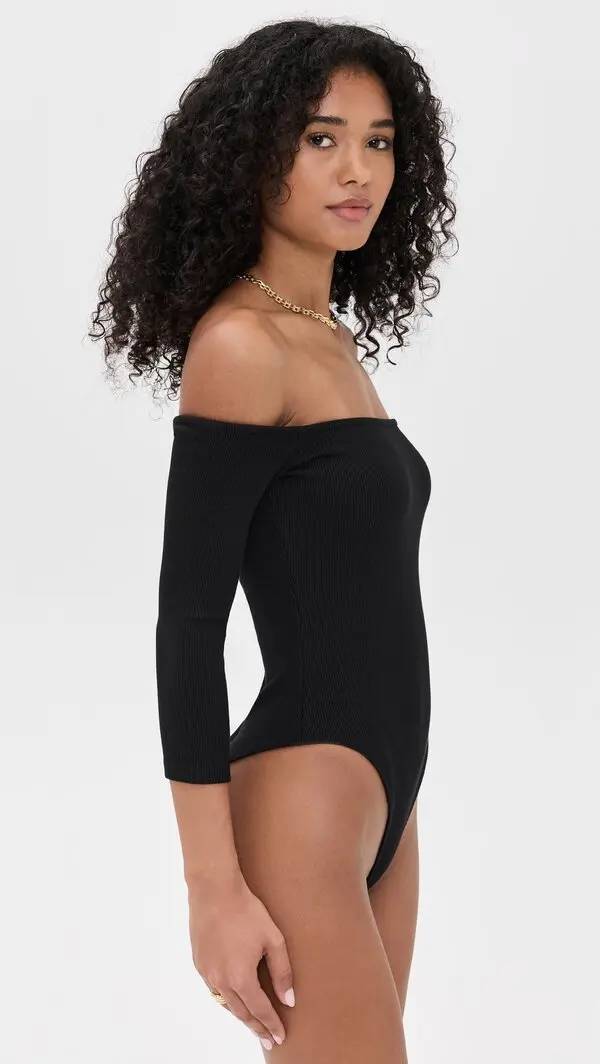 L'Agence Evelyn Off-shoulder Ribbed Thong Bodysuit